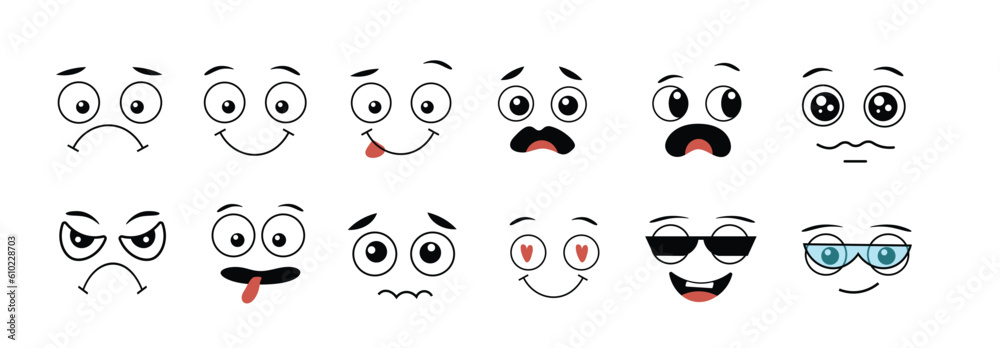 Cartoon faces. Expressive eyes and mouth, smiling, crying and surprised ...