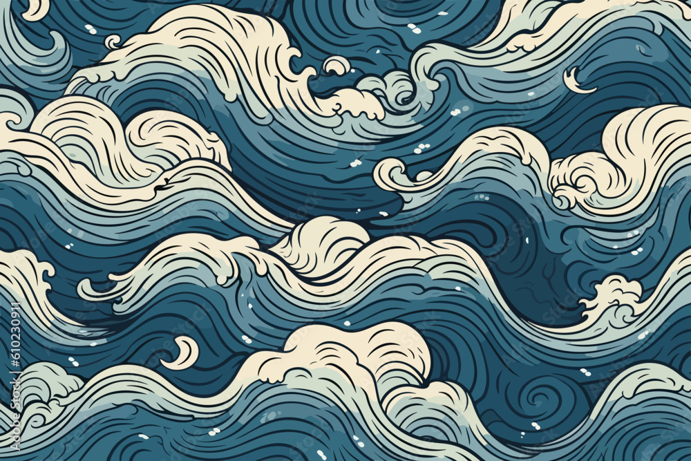 Doodle inspired Roaring waves in a storm pattern pattern, cartoon ...