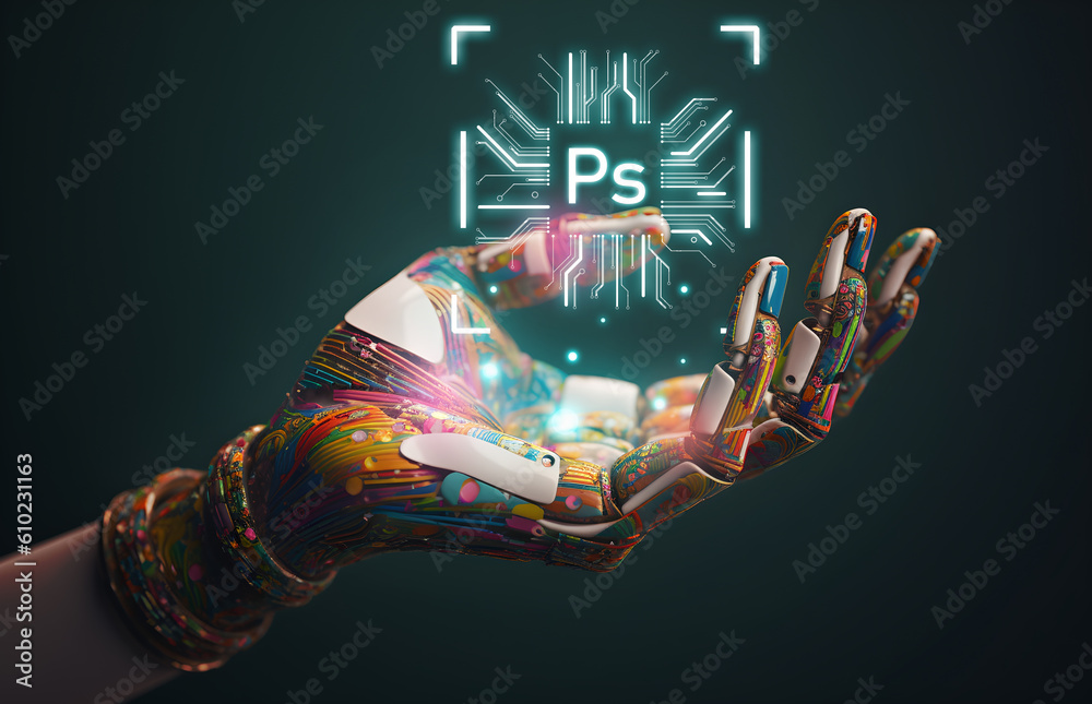 AI humanoid hand holding PS microchip hologram, AI art generator ...