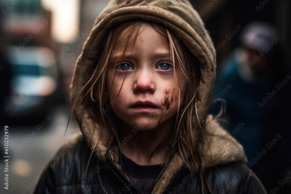 AI generated portrait of candid authentic fright homeless little girl ...