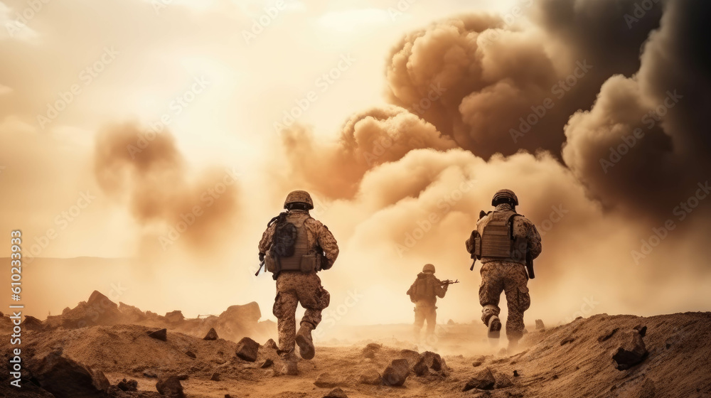 Military special forces soldiers crosses destroyed warzone through fire ...