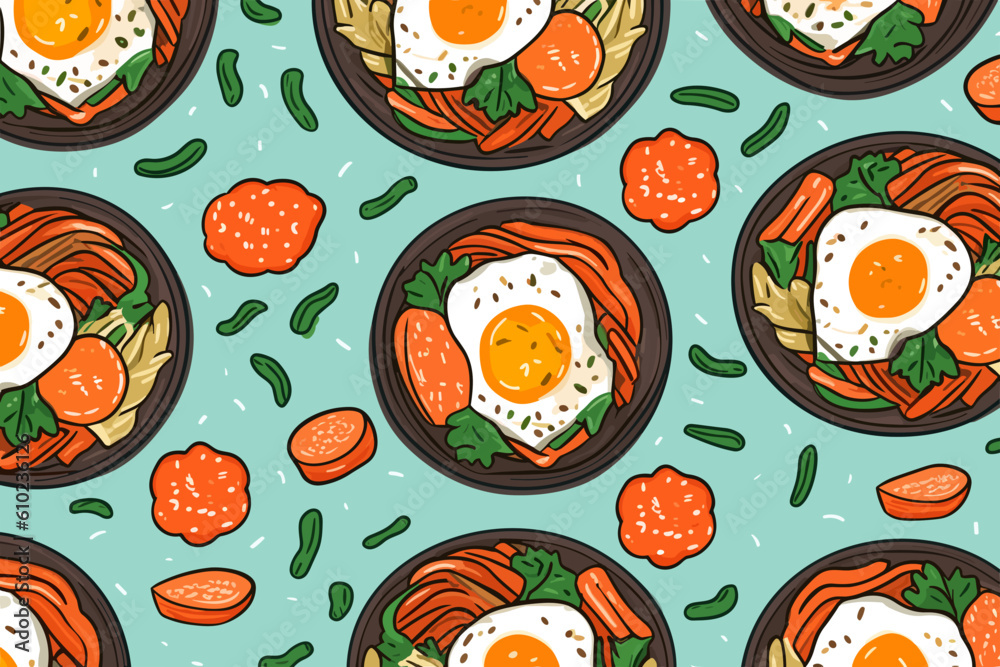 Doodle inspired Korean bibimbap and kimchi pattern pattern, cartoon ...