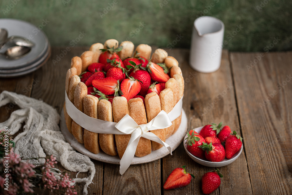 charlotte aux fraises fait maison boudoir gâteau Stock Photo | Adobe Stock