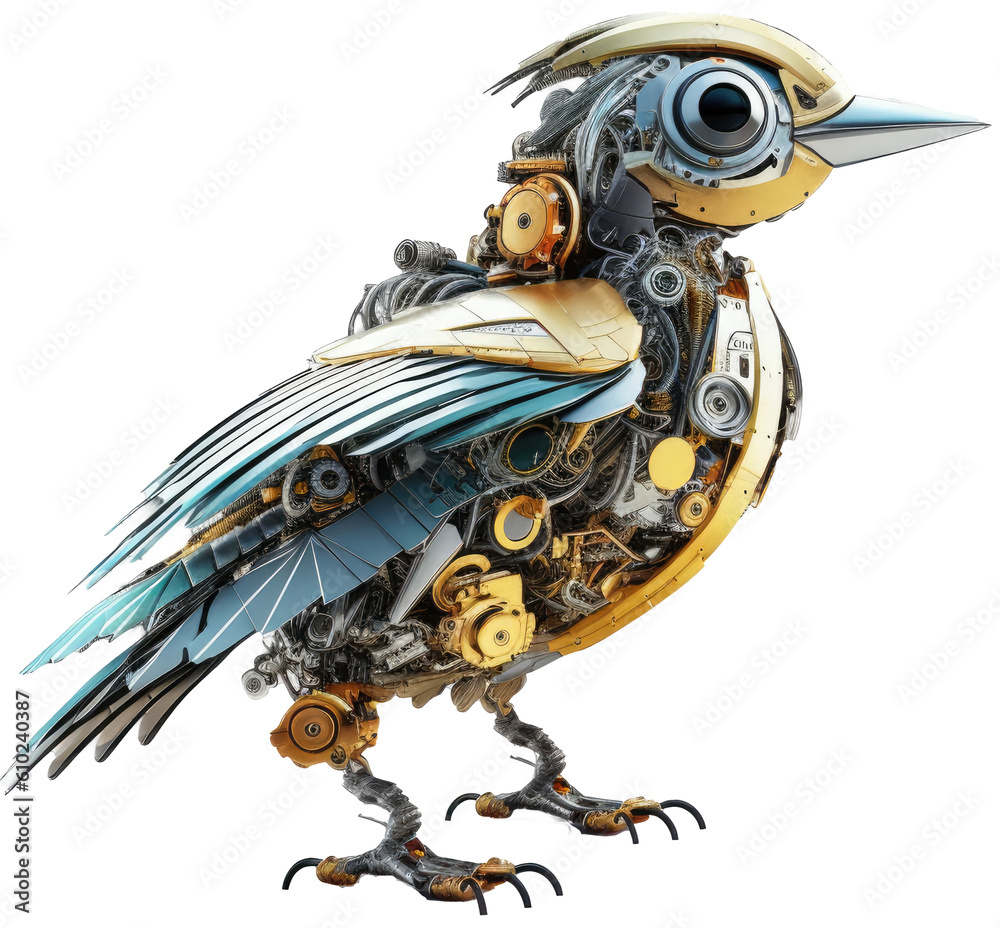 Blue and golden robotic bird as mechanical cyber animal isolated on a ...