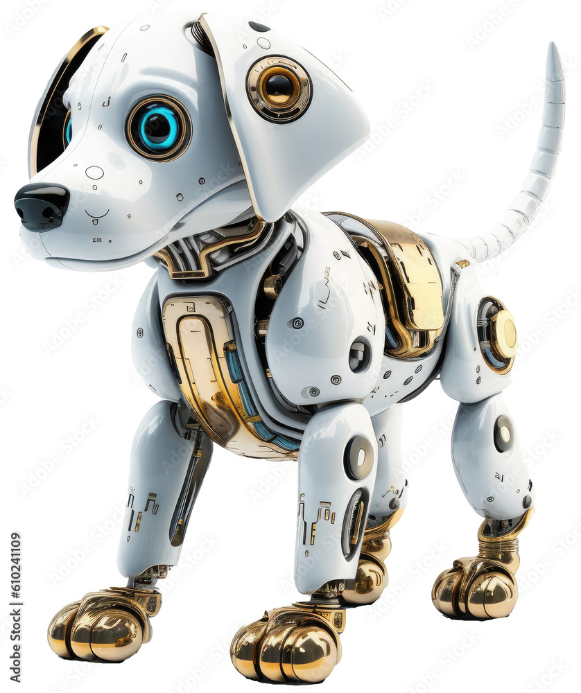 Cute robotic pet dog toy as mechanical cyber animal isolated on a ...