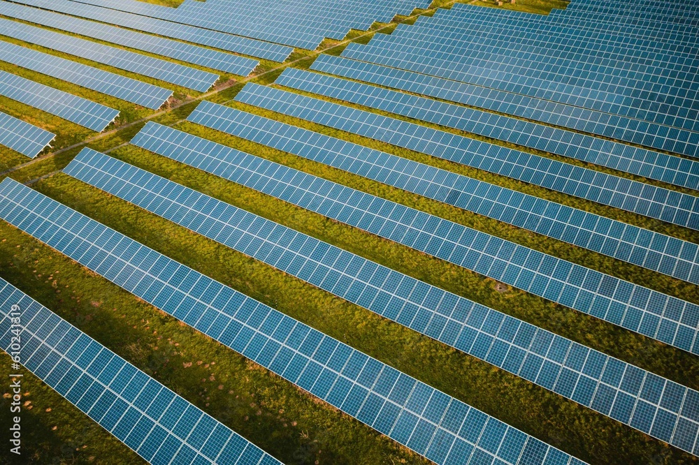 Solar panel rows aerial view. Photovoltaic panels farm from the sky ...
