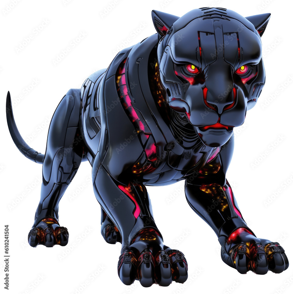 Robotic black panther with red eyes as mechanical cyber animal isolated ...