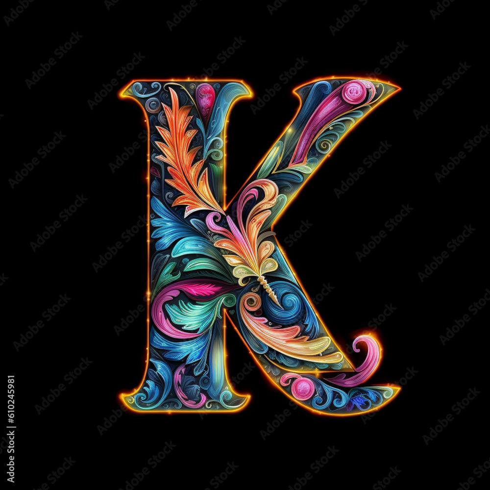 Generative ai. Capital letter K neon color on black background Stock ...