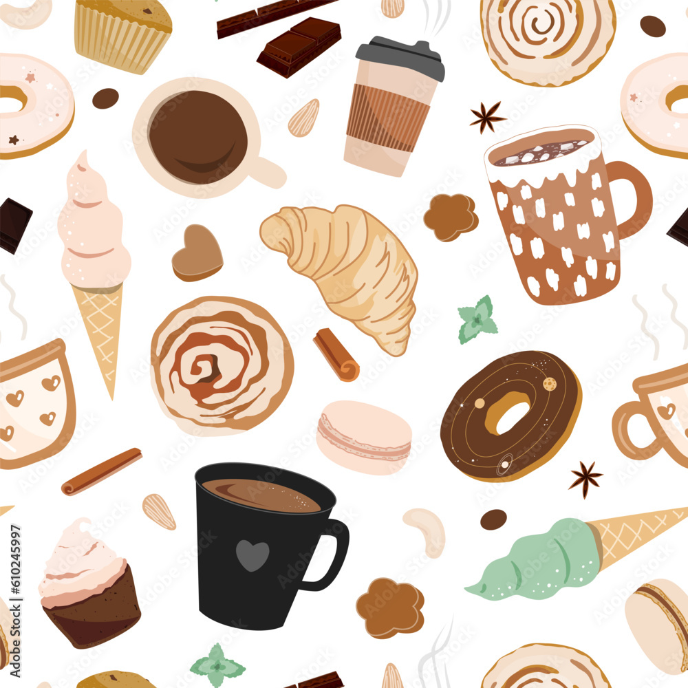 Seamless pattern coffee and dessert on white background. Donuts ...