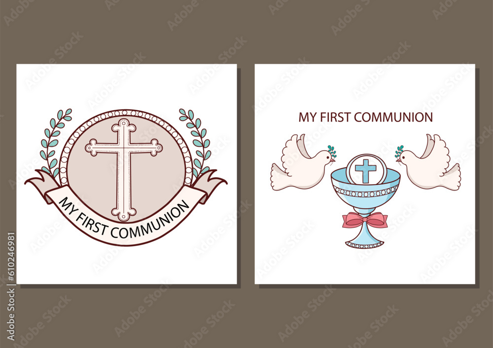 First communion card template vector illustration design. holy ...