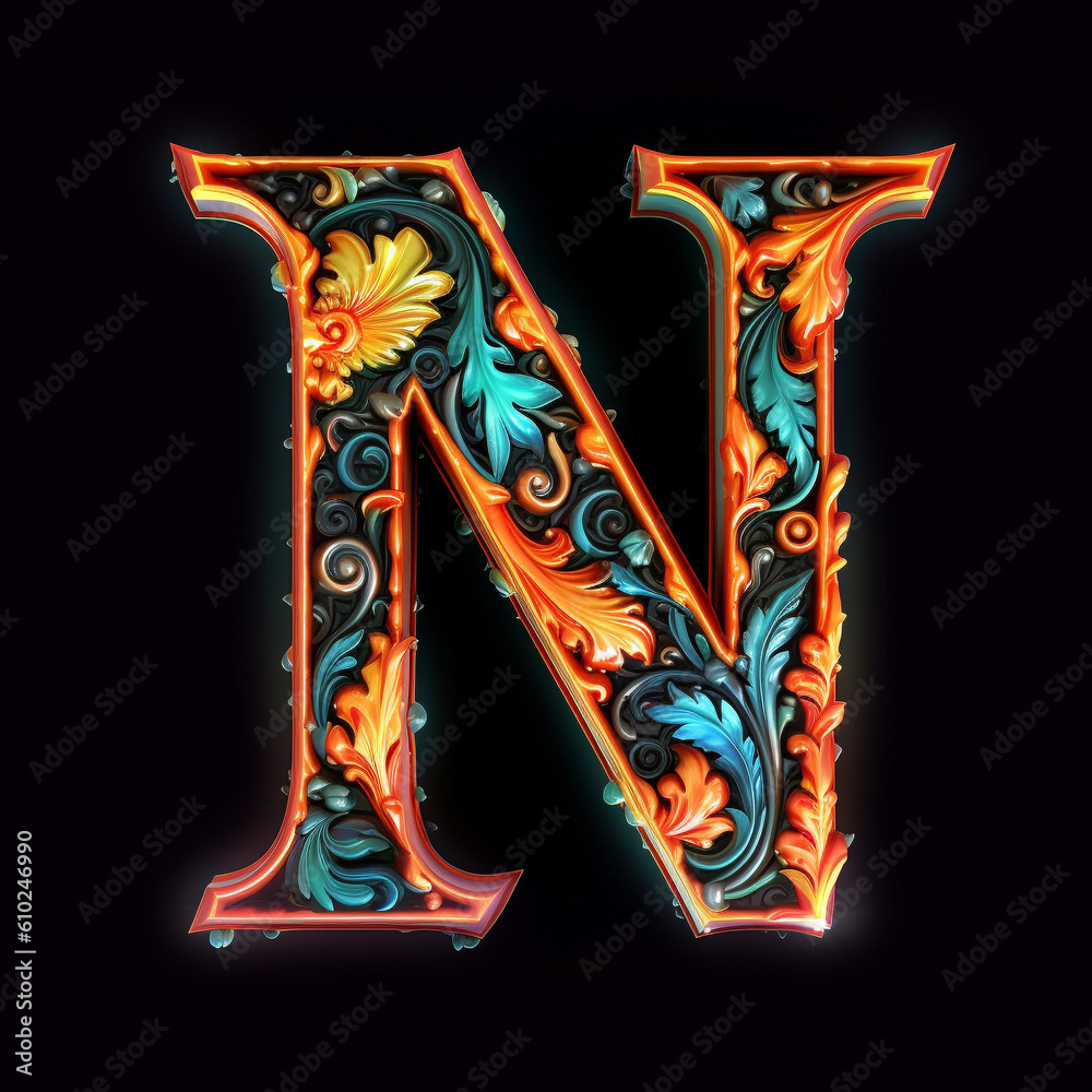 Generative ai. Capital letter N neon color on black background Stock ...
