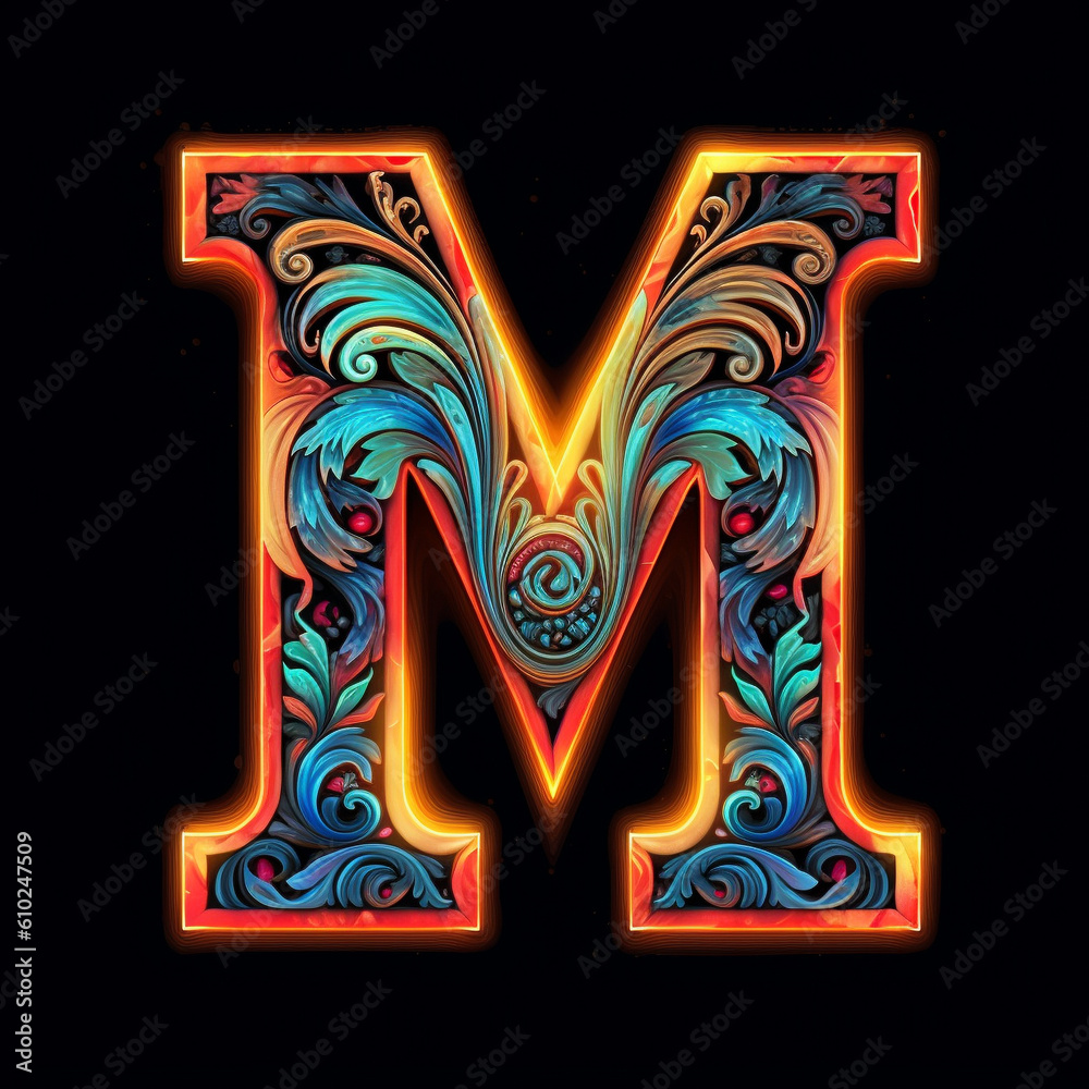 Generative ai. Capital letter M neon color on black background Stock ...