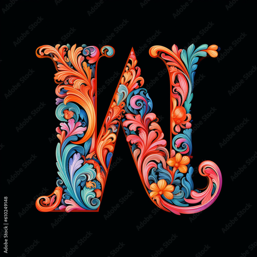 Generative ai. Capital letter W neon color on black background Stock ...