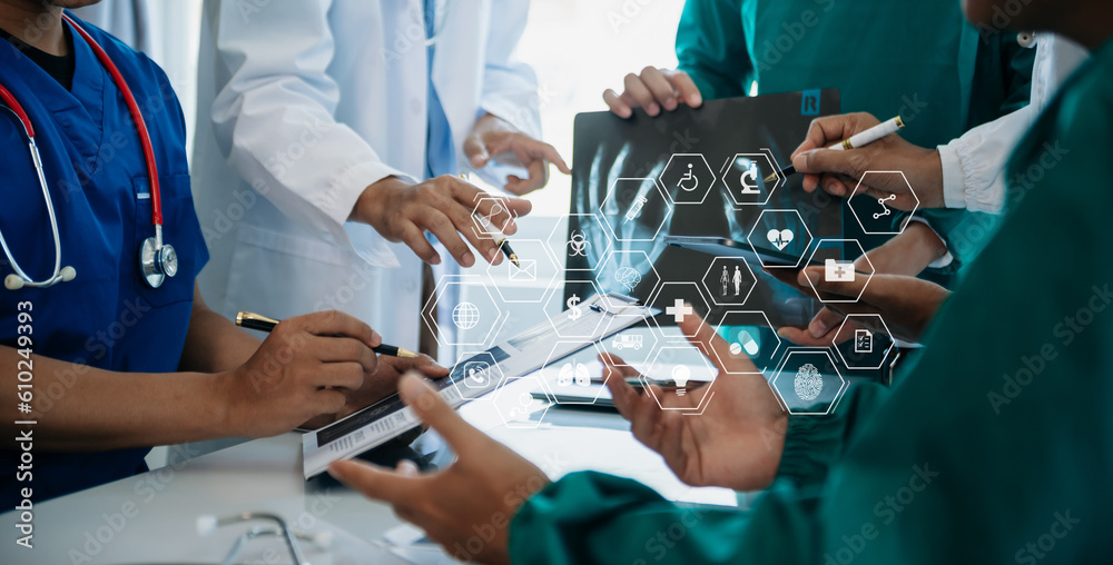 Medical technology network team meeting concept. Doctor hand working ...