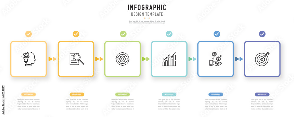 Rectangular infographic template or element with 6 step, process ...