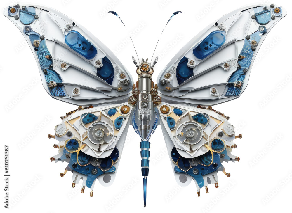 White and blue robotic steampunk butterfly as a mechanical cyber animal ...