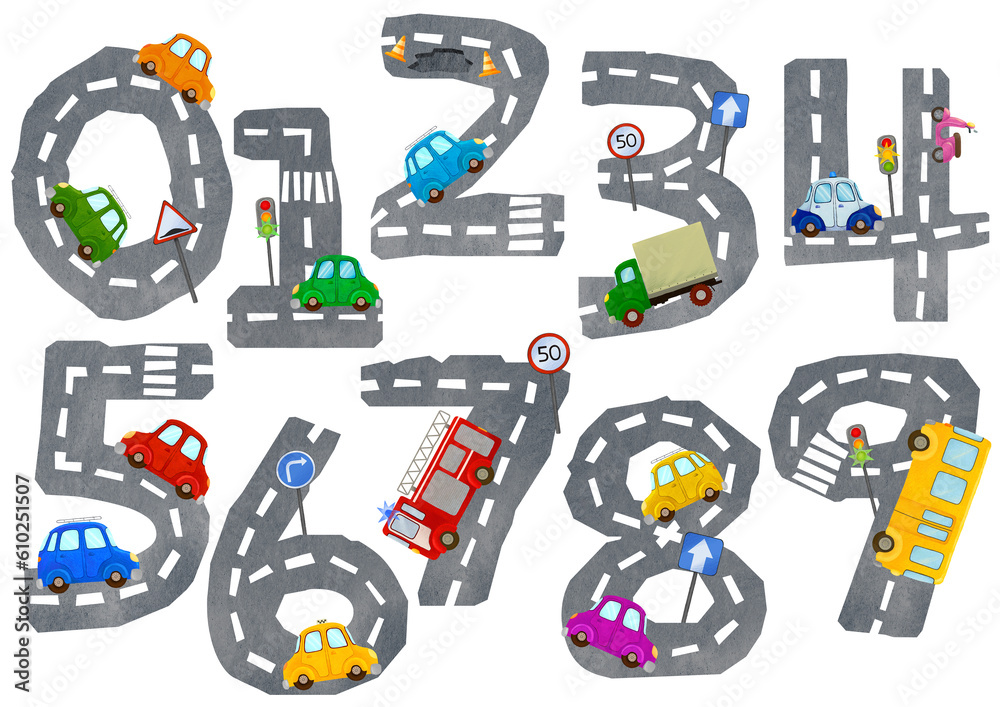 Set of numbers with roads and cars. Children illustration, isolated on ...