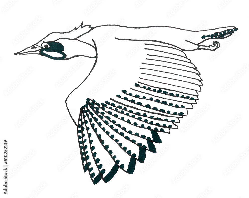 Cartoon isolated image of a flying woodpecker. Funny monochrome mascot ...