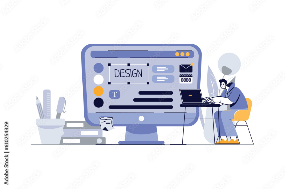 Design studio concept with people scene in the flat cartoon style. The ...