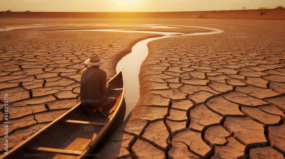 Young man paddle a boat at dry cracked earth hot weather of the sun ...