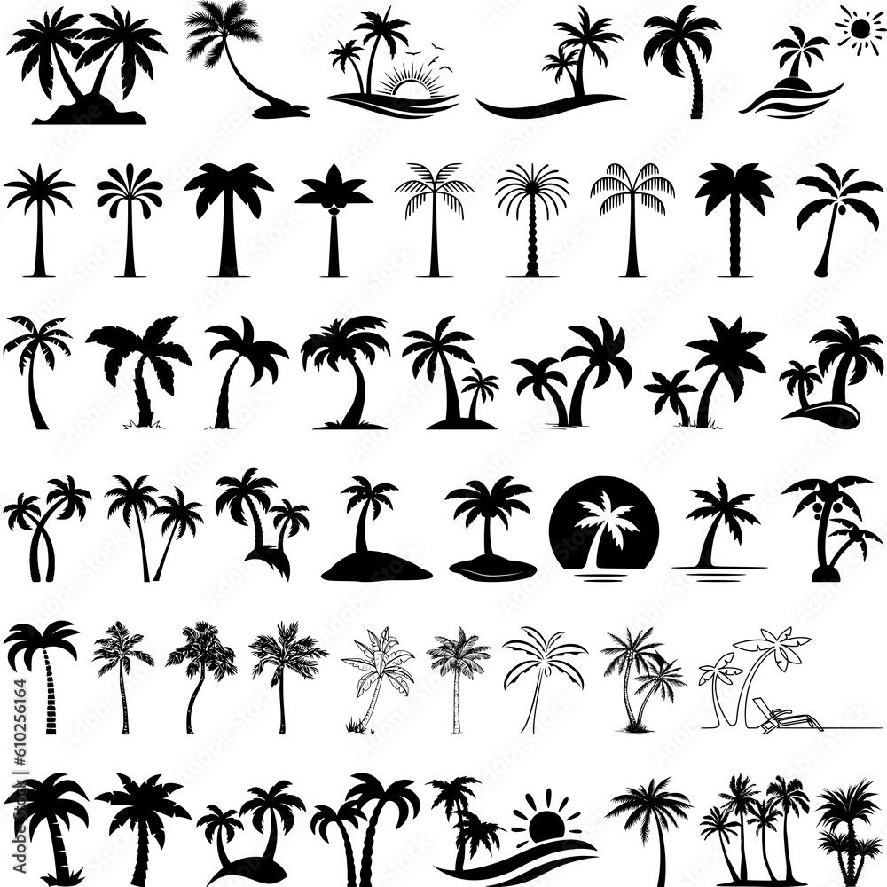 set of silhouettes of palm tree, vector of palm tree, Black palm trees ...
