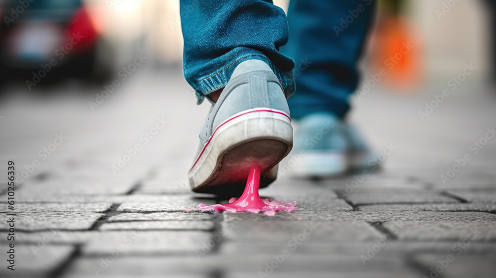 Foot stuck into chewing gum on street. Concept of stickiness ...