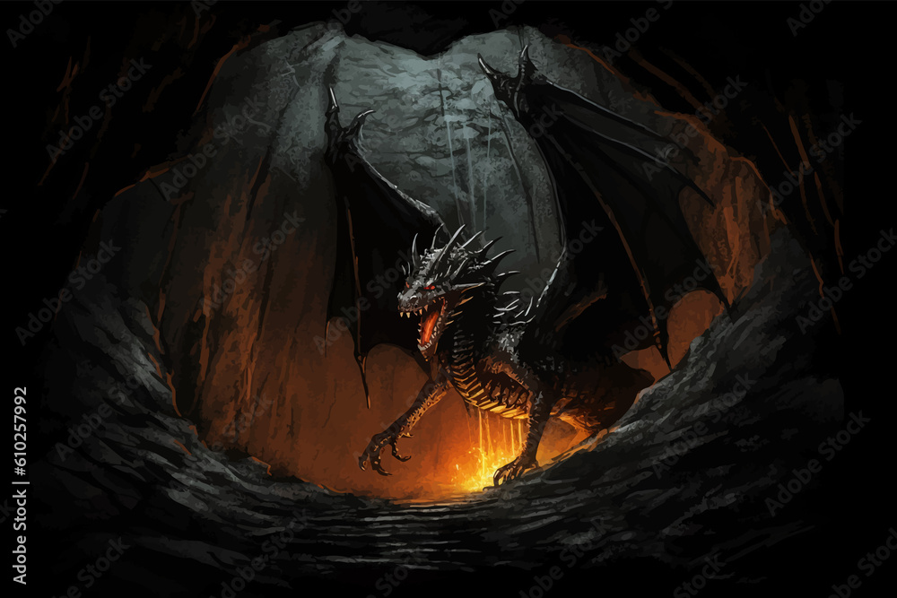 Black Fantasy Dragon in a dark cave. Fierce Monster Growls and prepare ...