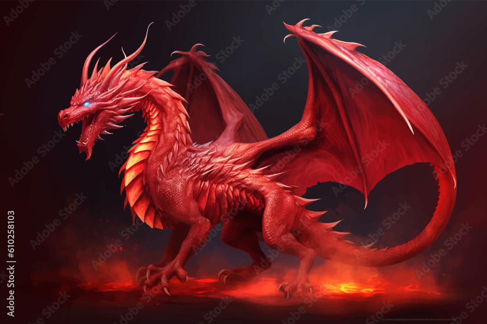 Fierce Red Fire Fantasy Dragon Growls and prepare to attack. Standing ...