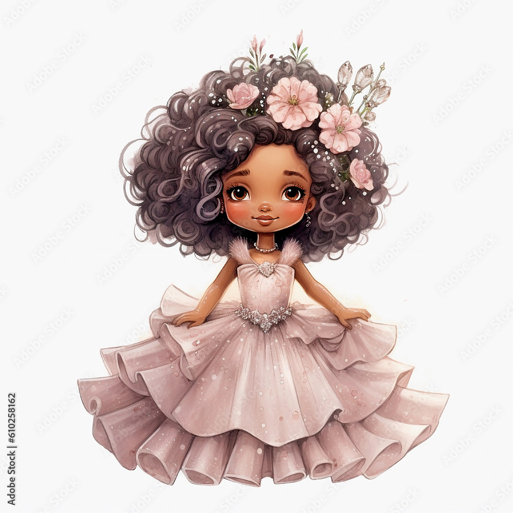 Portrait of cute cartoon African American little princess with flowers ...