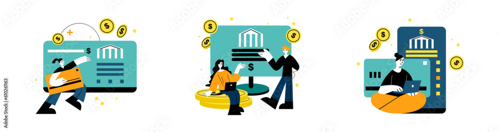 Set of cartoon characters using online bank account. Females holding ...