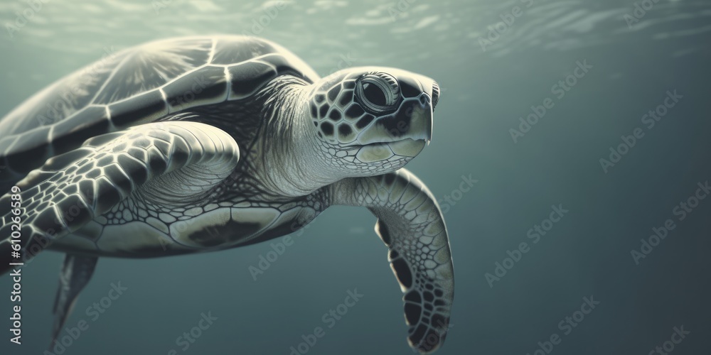 Black and white portrait, close-up of a sea turtle, turtle, caretta ...