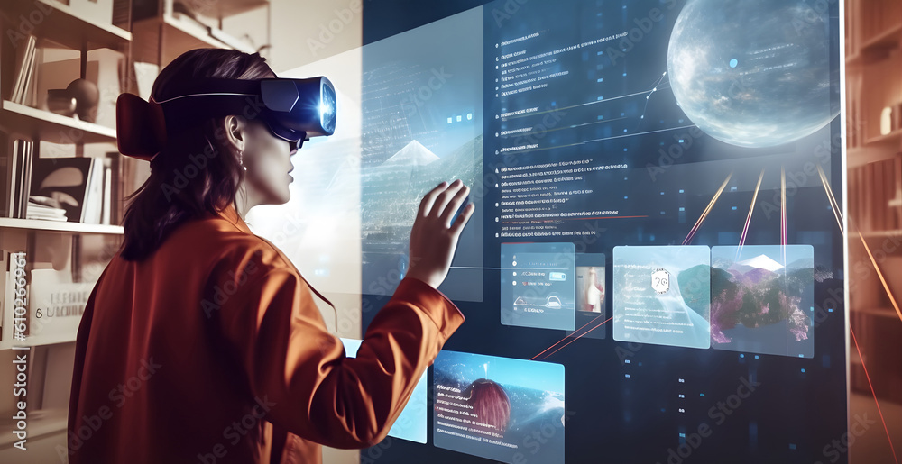 Woman using VR headset and looking on virtual ar user interface (UI ...