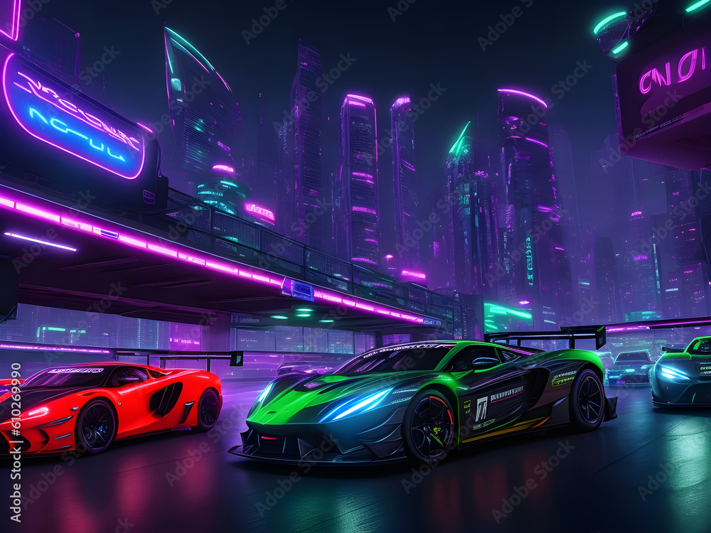 Cars in the neon night city purple aesthetic advanced society, racing supercars, Generative AI ...