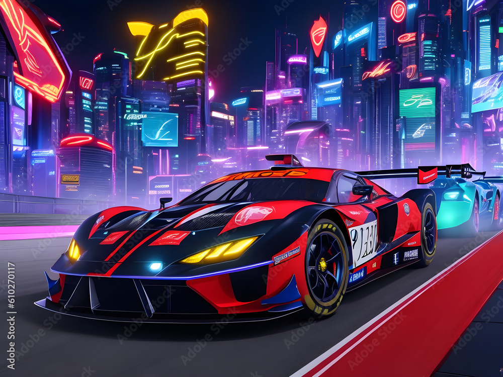 Car racing through the advanced futuristic neon night city, neon lights ...