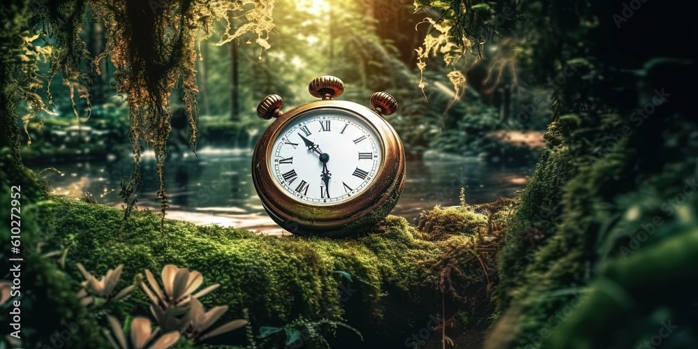 Clock in the forest, time - break, spending time in nature and flow of ...