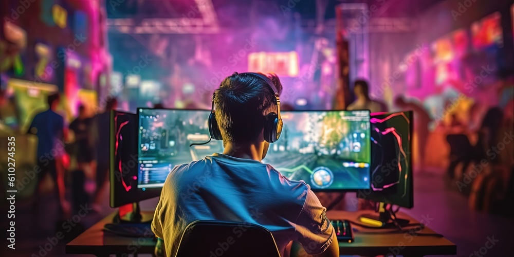 Esports and online gaming, back view of man wearing headphones and ...