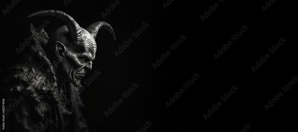Black and white photorealistic studio portrait of the demonic being ...