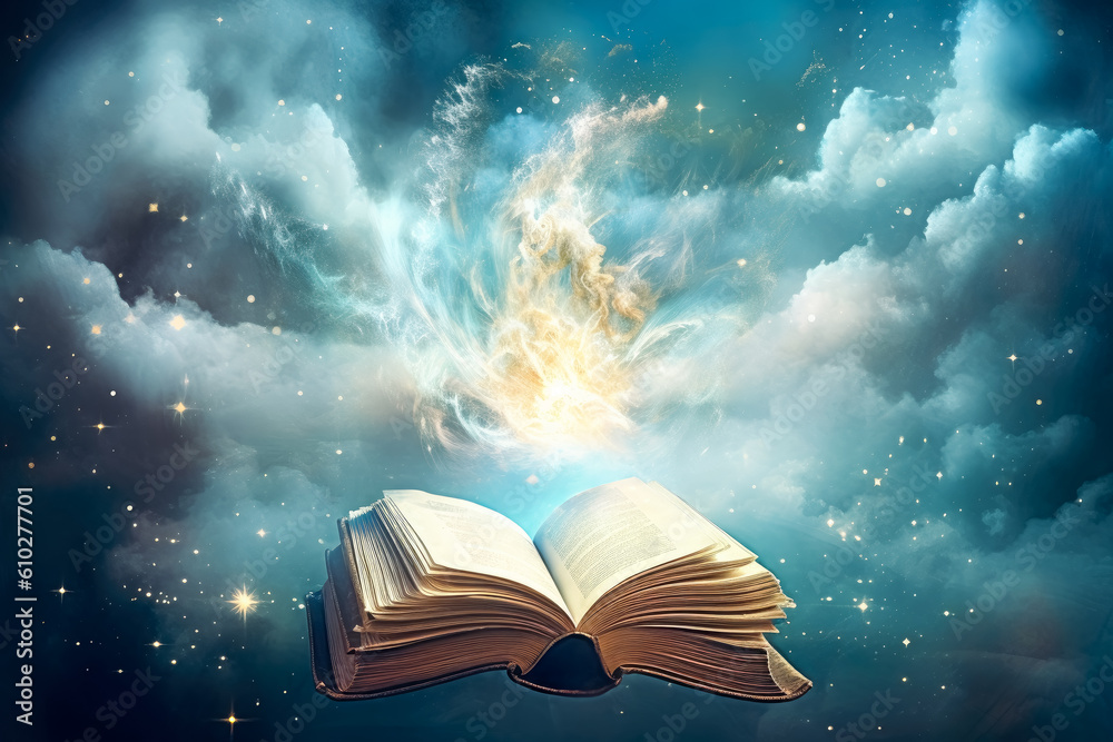 Open magic book book bursting with sparking magic, light in the night ...