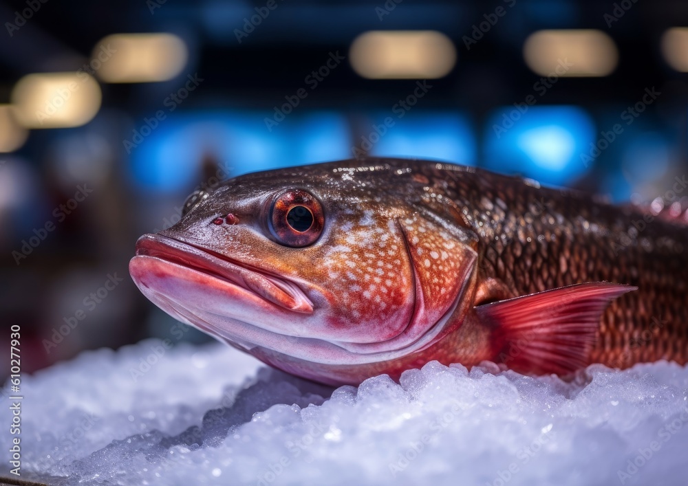 raw cod on ice at a seafood market, showcasing its shiny scales and ...