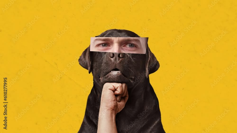 Black dog with man's eyes elements expressing serious, thoughtful ...