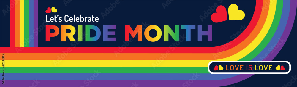 Happy Pride Month Banner. Colorful rainbow flag on dark background ...