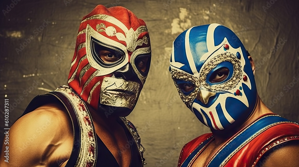 Two superheroes in red and blue Lucha Libre wrestling masks over ...
