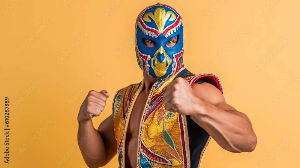 Portrait of a Lucha Libre wrestling mask man in a colorful costume on a ...