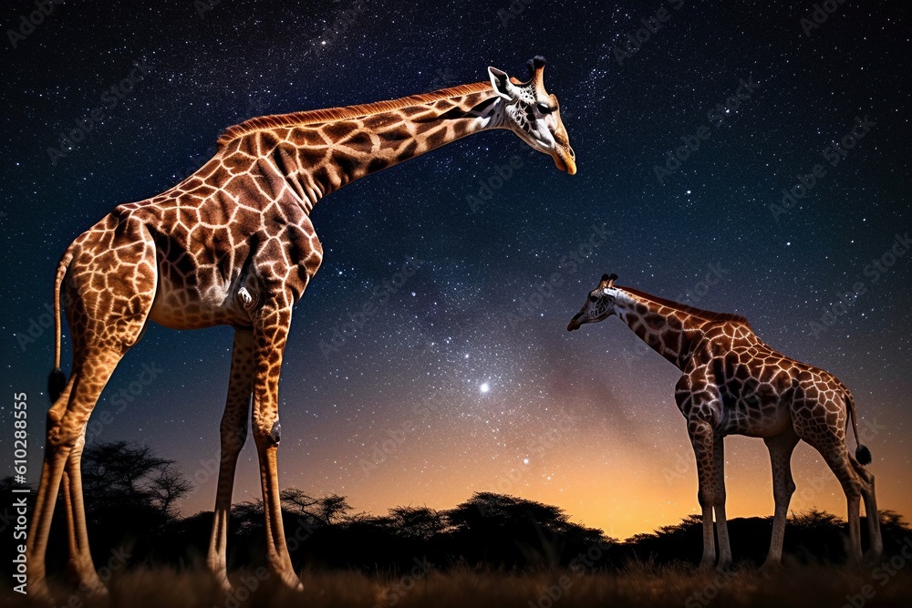Majestic Giraffes in Grassland Under a Starry Night Sky - AI Generative ...