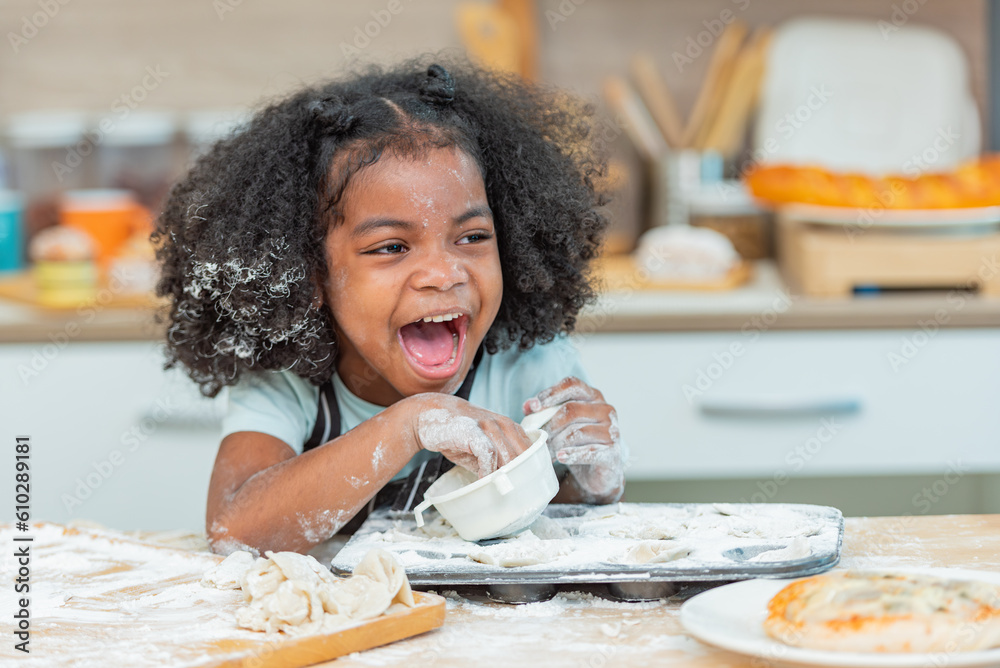 african afro black daughter kids sifting flour powder and sprinkling ...