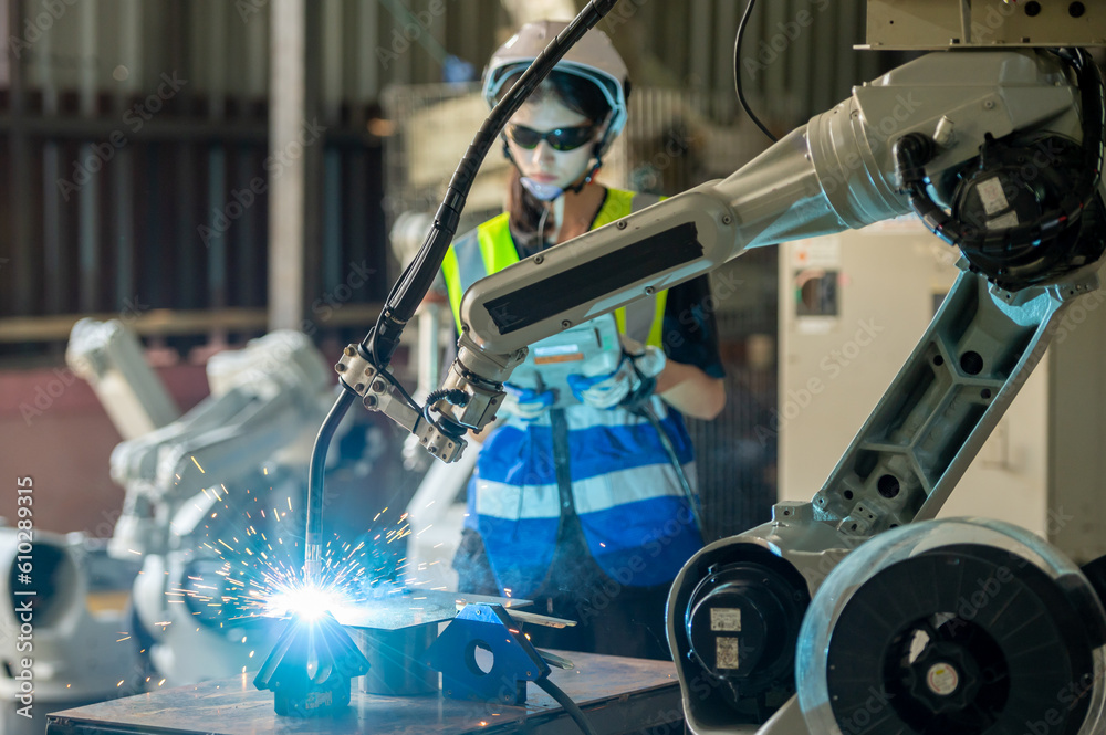 Engineer Control Robot Arm Machine Welding Steel Worker Using Forcing