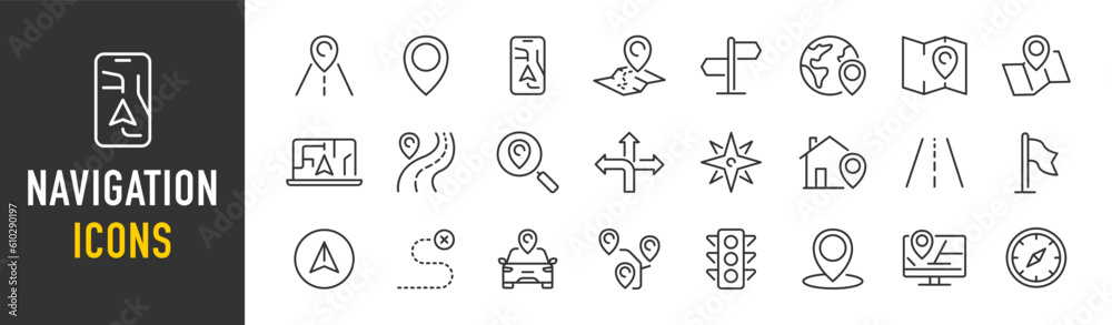 Navigation web icons in line style. Route, location, route map, traffic, pin, collection. Vector ...