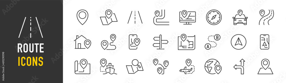 Route web icons in line style. Navigation, location, route map, traffic ...
