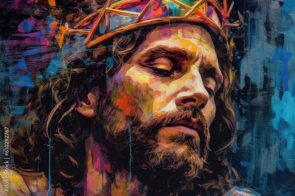Colorful oil painting of the expression of the face of Jesus Christ our ...