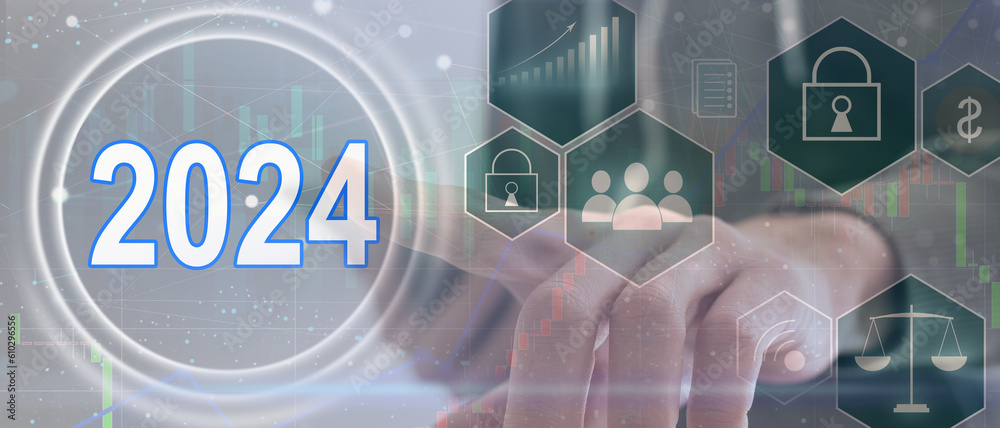 2024 calender year button on digital virtual screen blur background ...